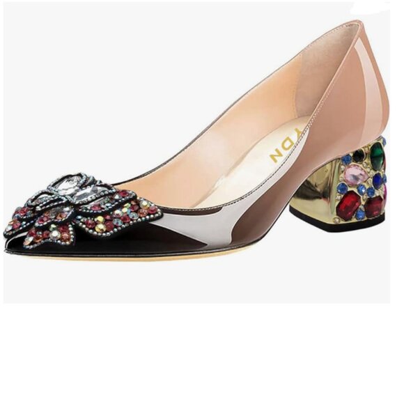 YDN | Shoes | Ydn Nude Pointed Toe Bow Pump Colorful Rhinestone Block ...